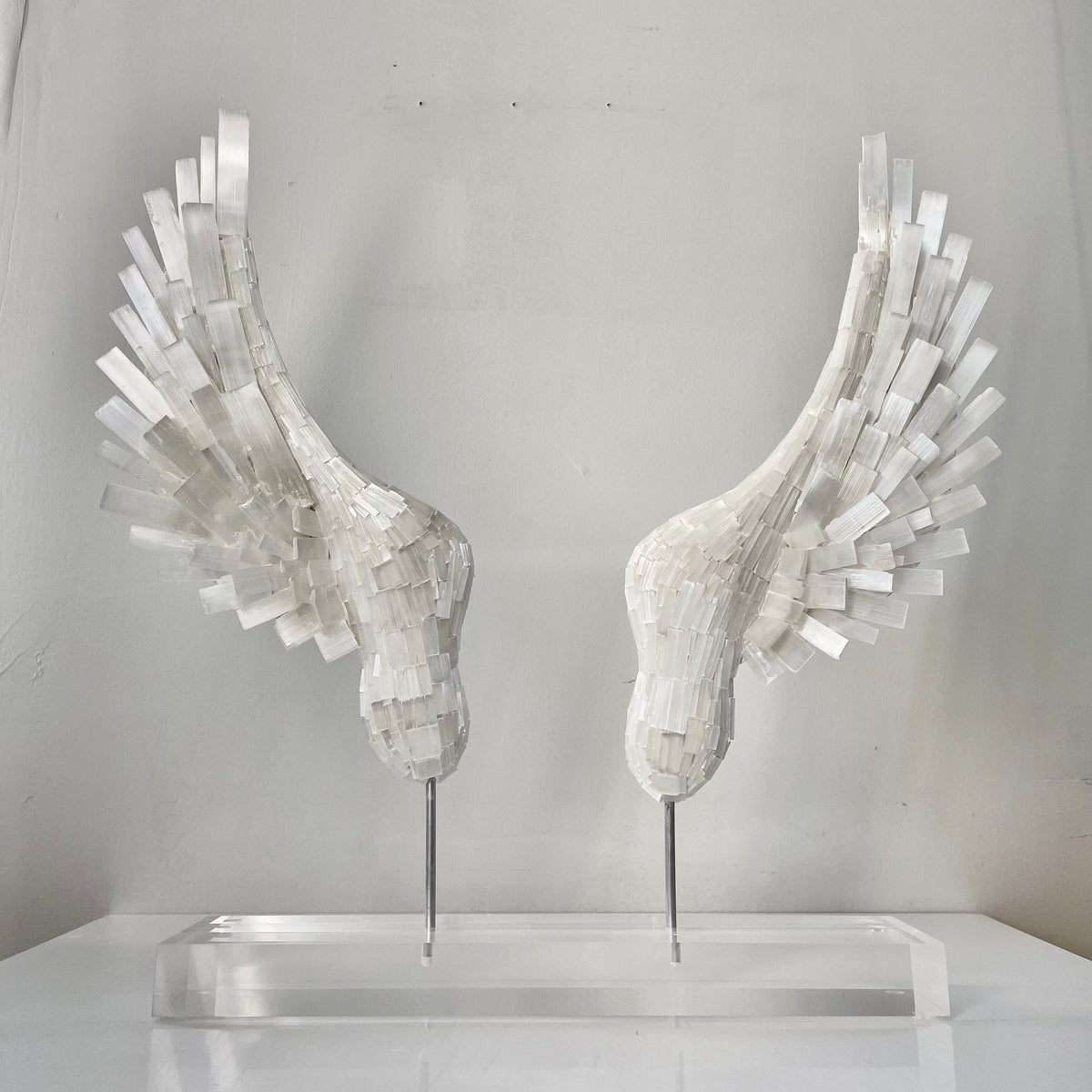 Selenite Crystal Angel Wings on Pedestals – Nate Ricketts Design